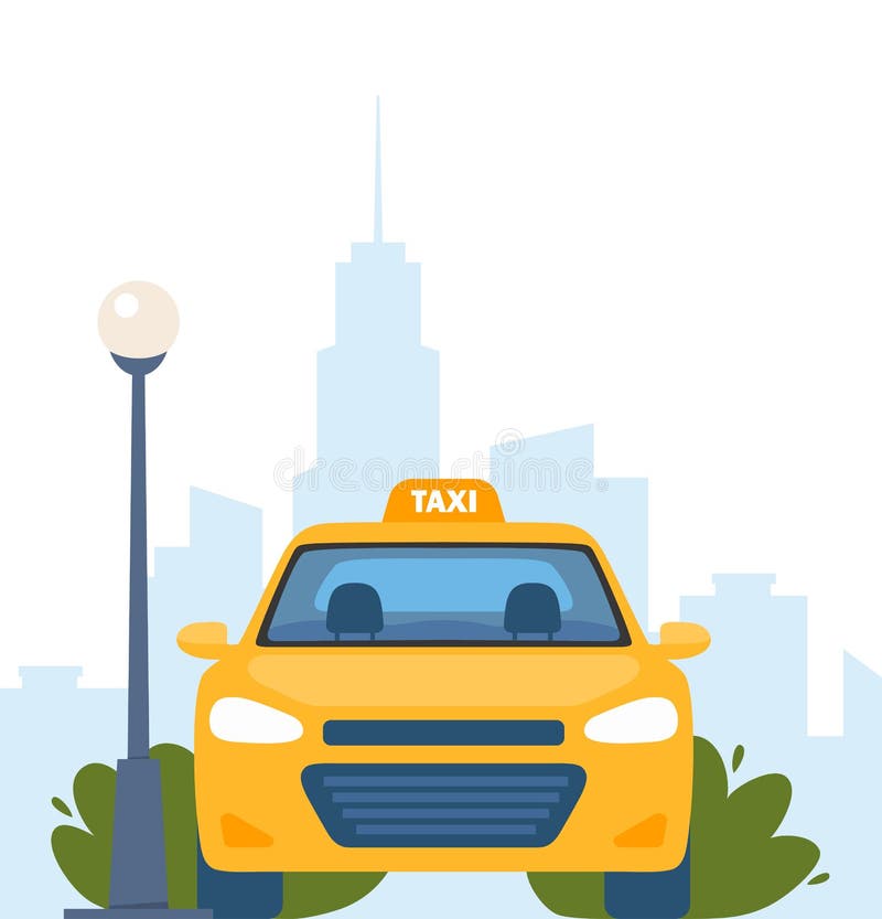Yellow Taxi Car, Front View, on City Landscape Background. Taxi Mobile ...