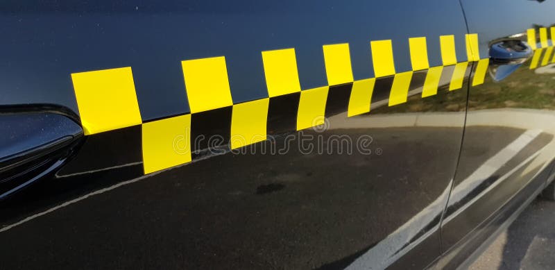 Yellow Taxi Checkers on Black Car Stock Image - Image of back, business ...