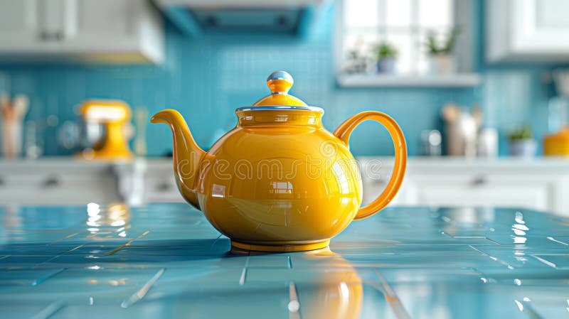 Yellow Teapot on a Blue Kitchen Countertop in a Bright Modern Kitchen ...