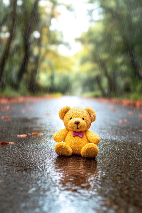 Yellow Teddy Bear on Rainy Path with Autumn Leaves and Blurred Trees in ...