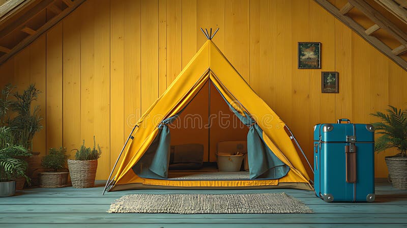Yellow Tent in Attic Playroom with Suitcase and Plants Stock ...