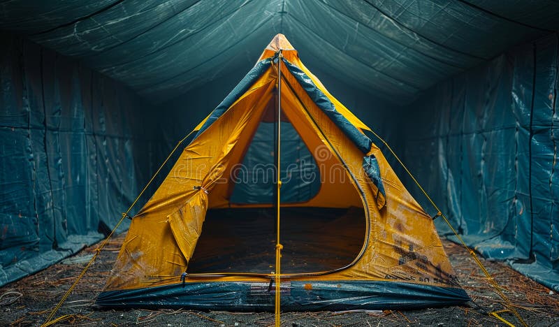 A Yellow Tent is in the Middle of a Blue Room. the Tent is Open and Has ...