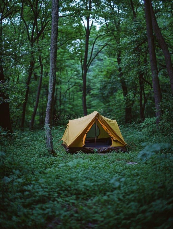 Yellow Tent is Set Up in a Forest Stock Photo - Image of shape, hiking ...