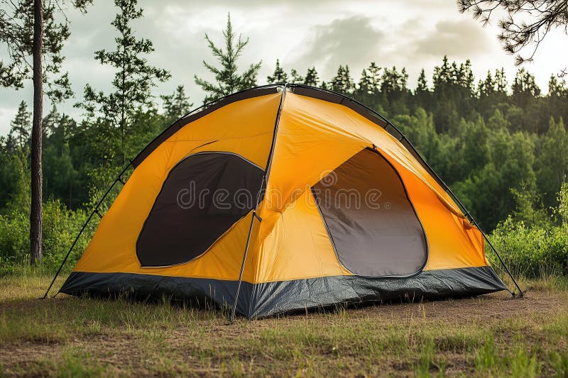 Yellow Tent Set Up in a Wooded Area Stock Illustration - Illustration ...
