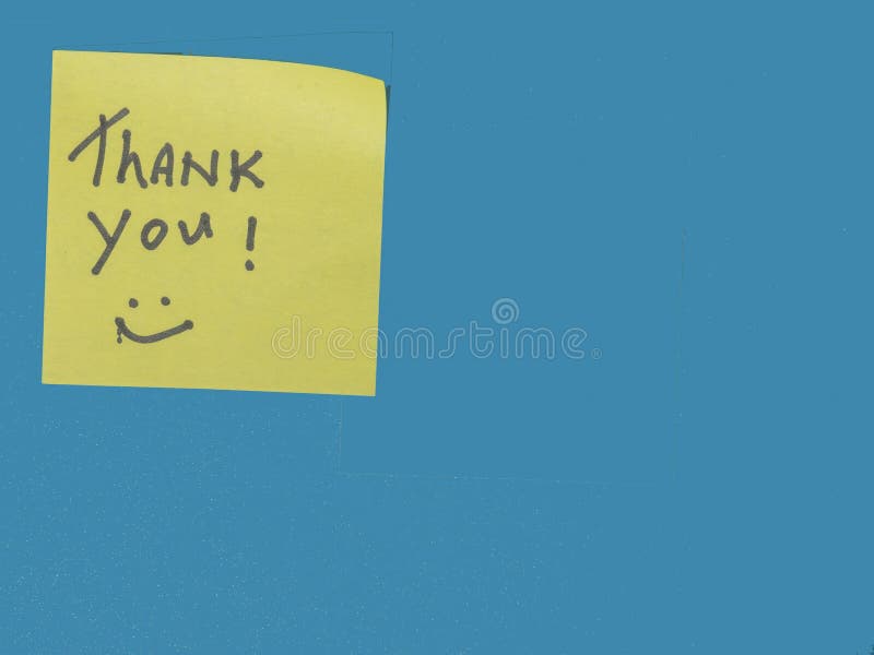Yellow Thank You Post-it Note with a Smiley Face on a Blue Background ...