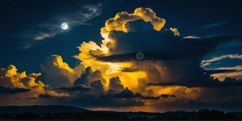 Yellow Themed Dramatic Clouds in Night Sky with Ai Generated Stock ...