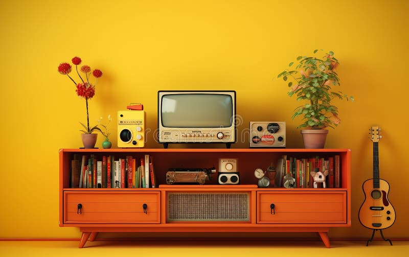 Yellow-themed Wall Entertainment Center Display Stock Illustration ...