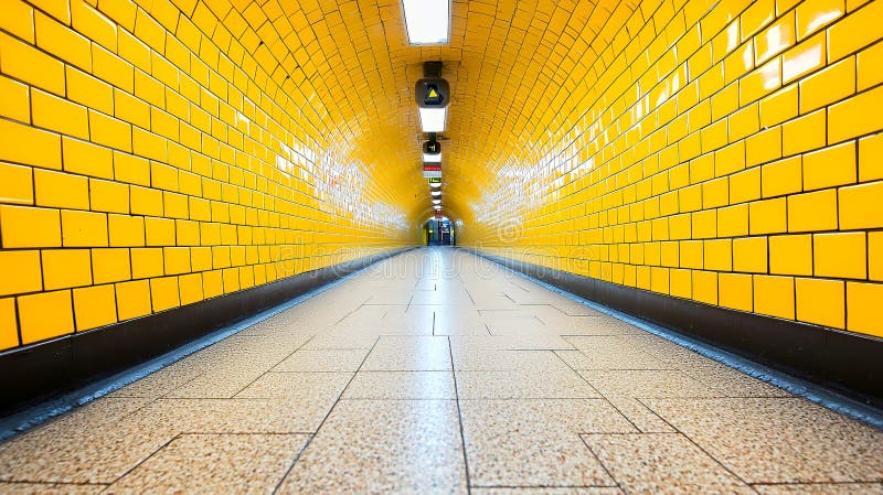 Yellow Tiled Tunnel Perspective View with Symmetrical Lighting and ...