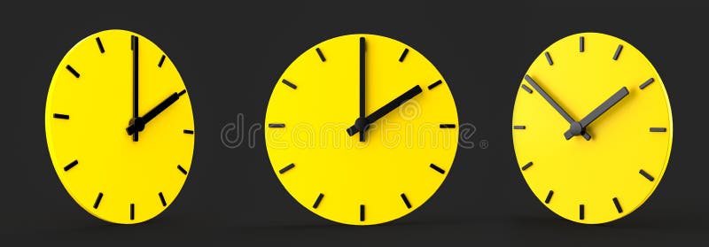 3D Rendering of Three Yellow Clocks in Round Shapes Stock Illustration ...
