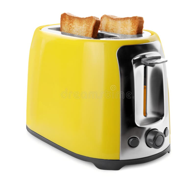 Yellow Toaster with Roasted Bread Slices on White Background Stock ...