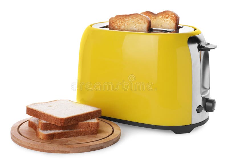 Yellow Toaster with Roasted Bread Slices on White Background Stock ...