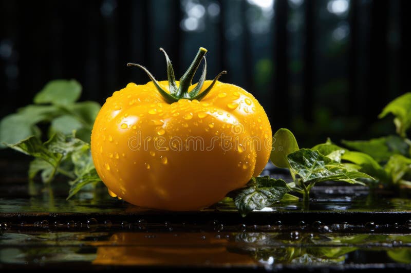 Yellow Tomato on a Dark Wood Bottom. View of Th Stock Illustration ...