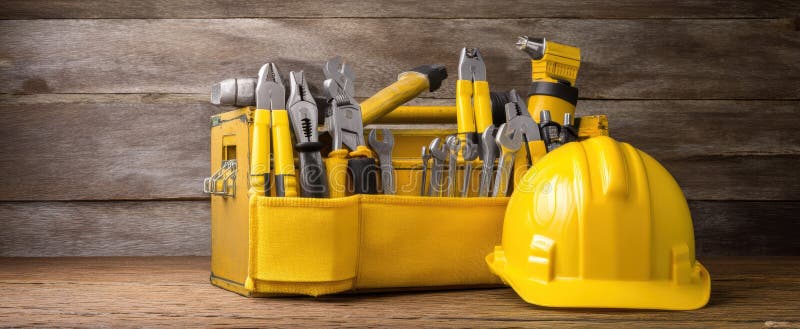 The Yellow Toolbox Filled with Essential Tools and a Safety Helmet..AI ...