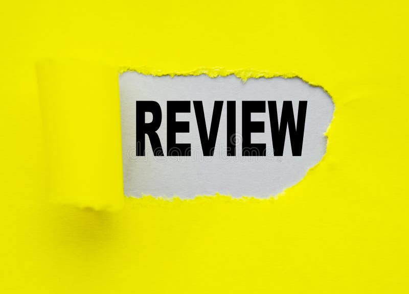 Yellow Torn Paper with a Hole and the Word REVIEW on a Gray Background ...