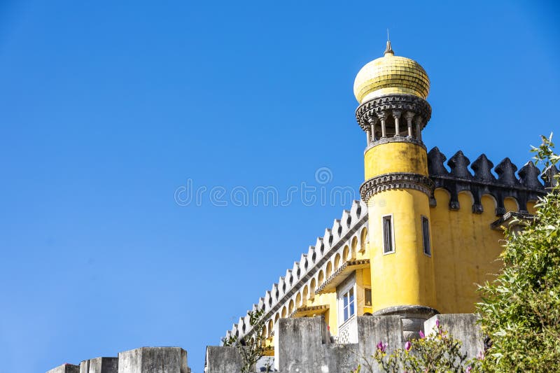 Yellow Tower on the Edge of a Wall of a Castle Stock Image - Image of ...