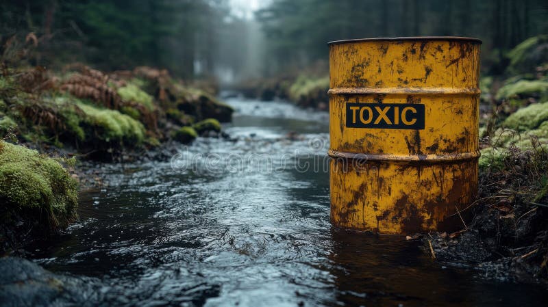 Yellow Toxic Waste Barrel in Polluted Stream within Forest Environment ...