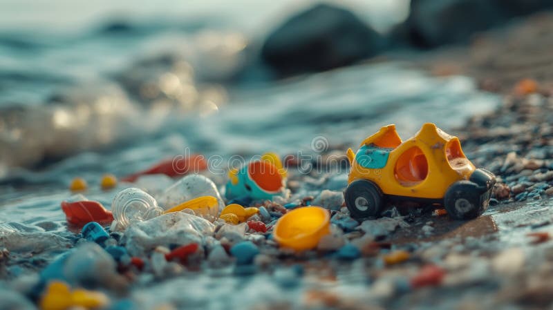 A Yellow Toy Car Abandoned on a Beach, Surrounded by Plastic Waste ...
