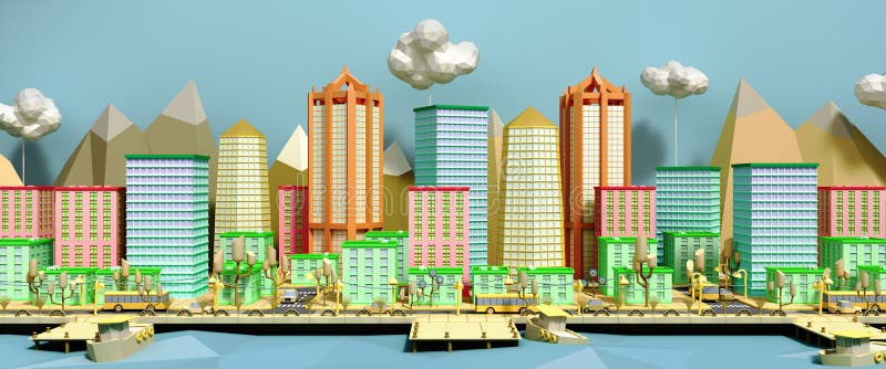 Yellow Toy Low Poly City 3d Render on Blue Stock Illustration ...