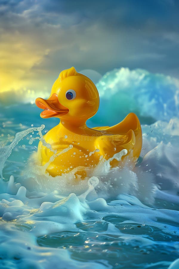 Yellow Toy Plastic Duck Floating in the Raging Ocean Water Stock ...