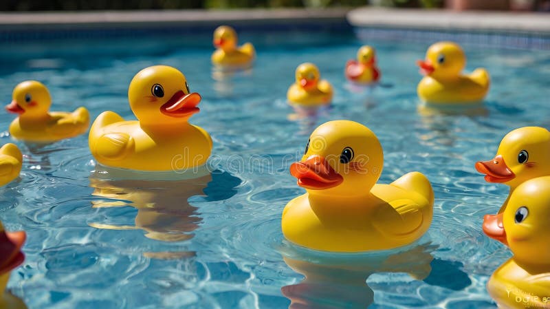 Yellow Toy Rubber Ducks Floating in the Pool Stock Illustration ...