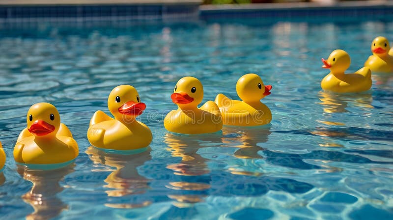 Yellow Toy Rubber Ducks Floating in the Pool Stock Illustration ...