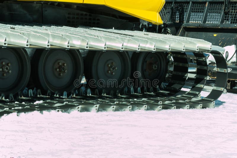 Yellow Tracked Vehicle on Snow, Grooming Machine Stock Photo - Image of ...