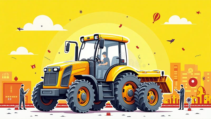 Yellow Tractor with Driver and Workers in a City Setting Stock Photo ...