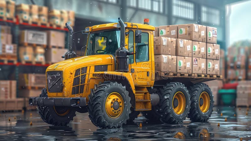 A Yellow Tractor with a Load of Boxes is Driving through a Warehouse in ...