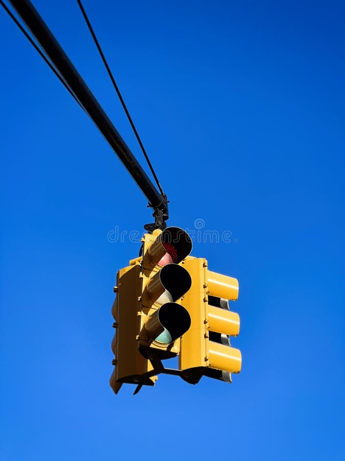 Yellow Traffic Light on a Blue Sky Background Stock Image - Image of ...