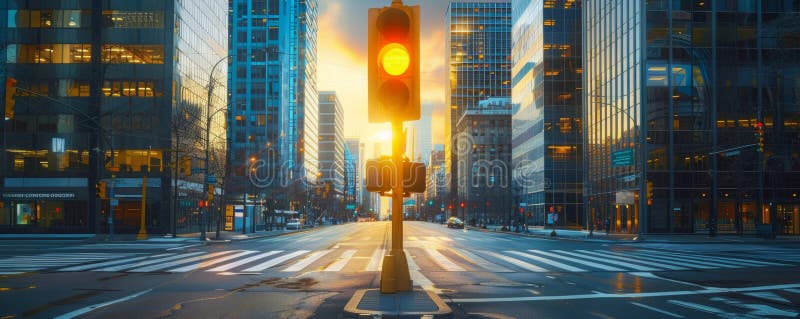 Yellow Traffic Light at an Intersection in the Middle of a Cityscape in ...