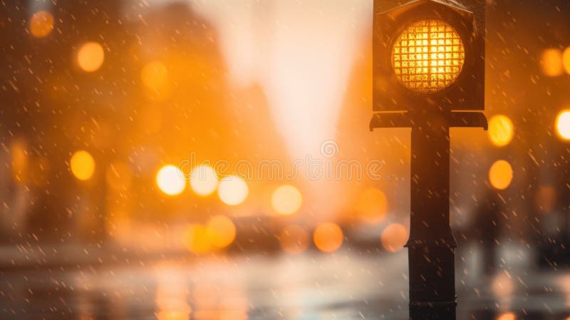 A Yellow Traffic Light on a Street in the Rain, AI Stock Illustration ...