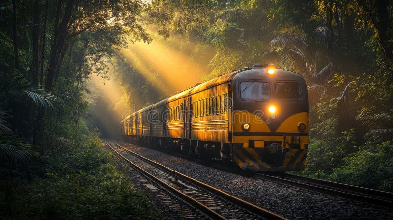 Yellow Train Emerging from a Misty Forest at Dawn Stock Illustration ...