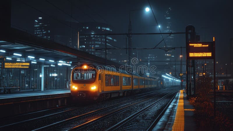 Yellow Train at a Nighttime Urban Station Stock Illustration ...