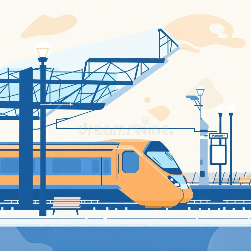 A Yellow Train is at a Station with a Blue Sky in the Background Stock ...