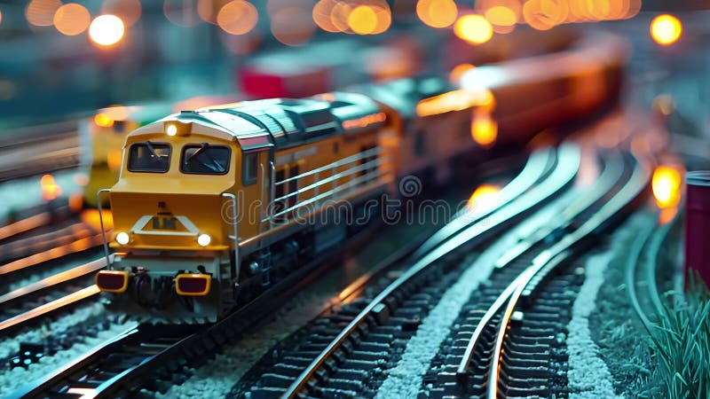 A Yellow Train is on a Track with Other Trains and Cargo Cars Stock ...