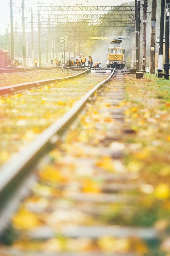 The Yellow Train on the Tracks in the Fall Leaves Stock Photo - Image ...
