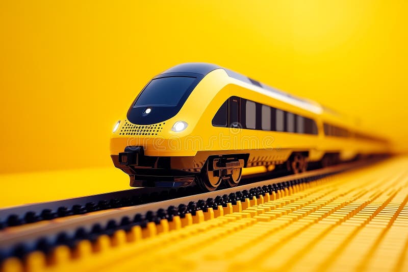 A Yellow Train Traveling Down Train Tracks on a Yellow Background Stock ...