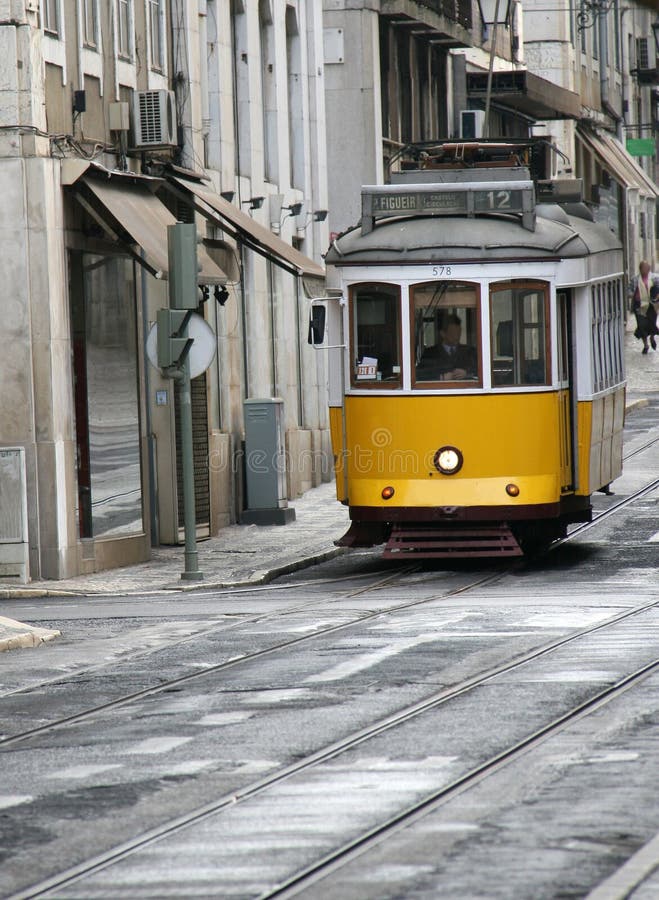 Yellow tram Lisbon stock image. Image of portugal, distance - 9333381