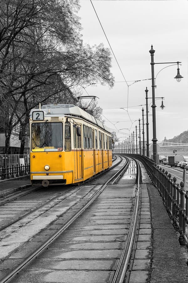 Yellow Tram on the Embankment in Hungary Stock Image - Image of famous ...