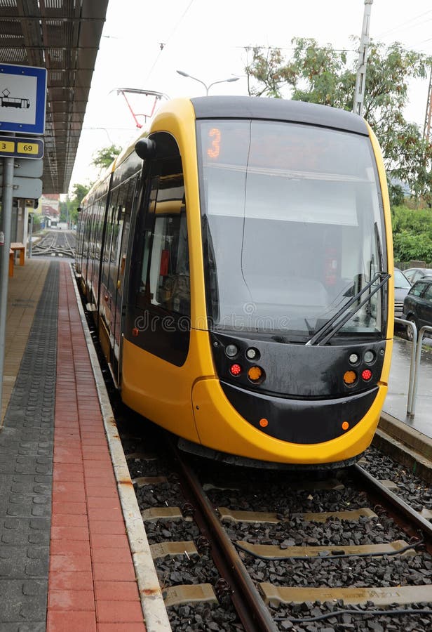 Yellow Tram Number 3 Stopped at the Terminus on the Tracks Stock Image ...
