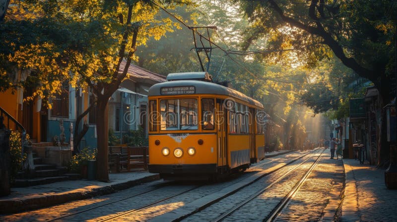 Yellow Tram on Tree-Lined Street at Sunrise Stock Illustration ...
