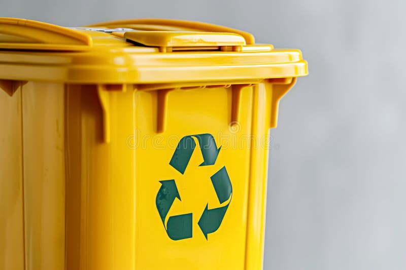 A Yellow Trash Can with a Green Recycling Symbol on it Stock Image ...