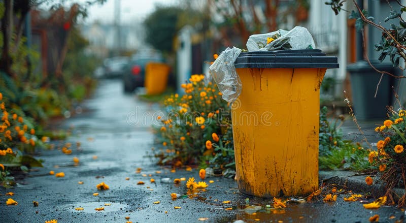 Yellow Trash Can and Plastic Bag on the Street Stock Photo - Image of ...
