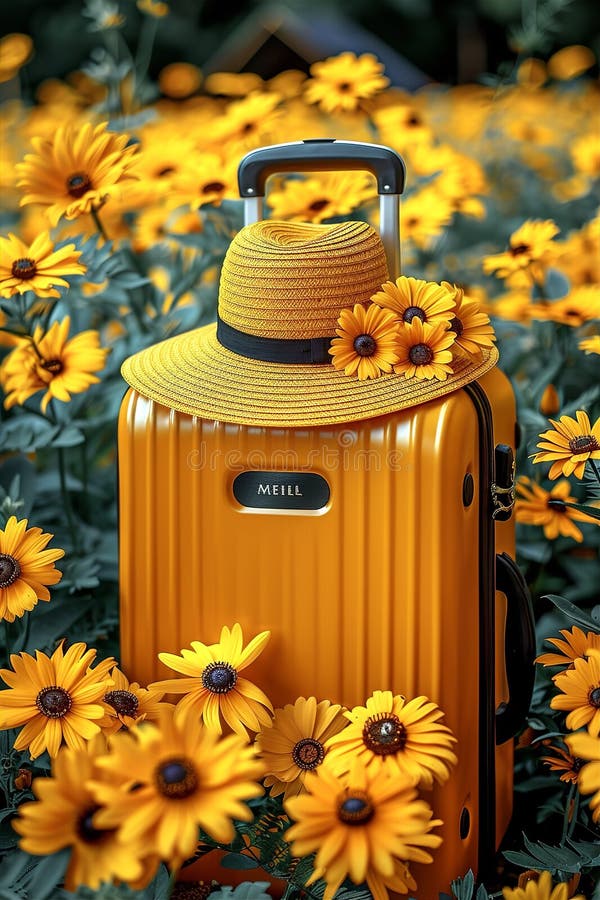 Yellow Travel Case, Suitcase and Straw Sun Hat. Travel Concept Image ...
