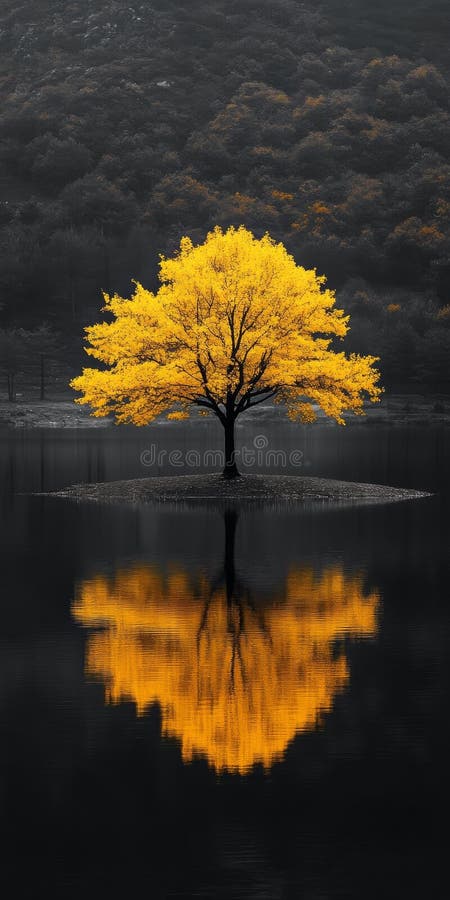 A Yellow Tree on a Black Lake. Generative AI. Stock Illustration ...