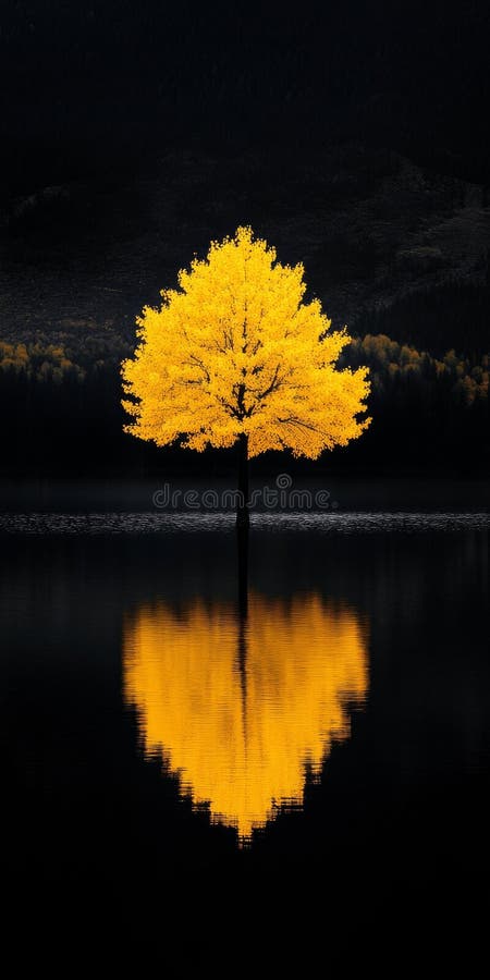 A Yellow Tree on a Black Lake. Generative AI. Stock Illustration ...