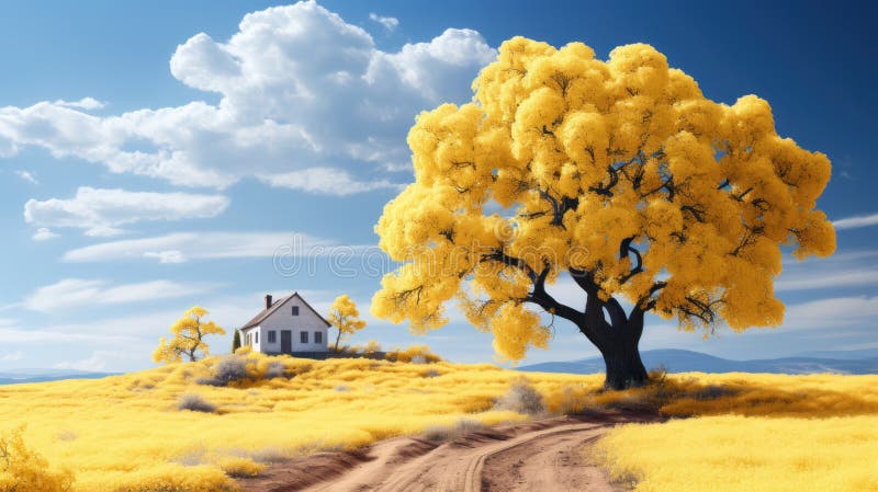 A Yellow Tree in a Field with a House in the Background. Generative AI ...