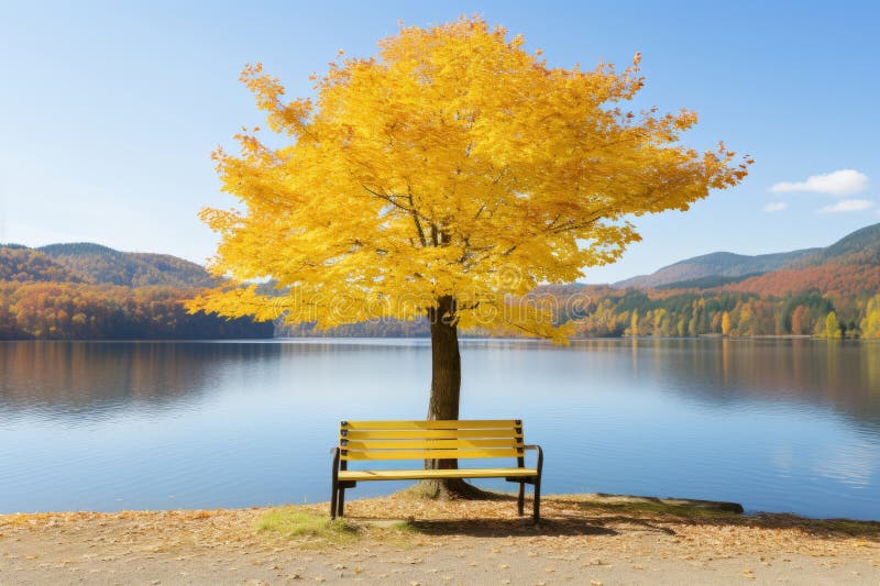 A Yellow Tree in Front of a Lake Stock Illustration - Illustration of ...
