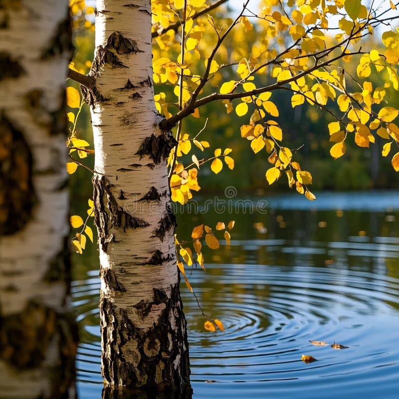 Yellow Trees with Reflection in the Still Water Surface. Stock Illustration - Illustration of ...