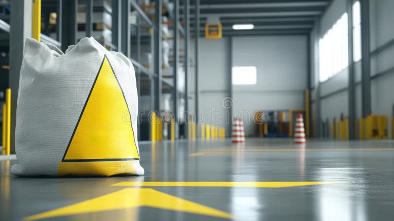 Yellow Triangle Safety Bag in Industrial Warehouse with Modern Storage ...